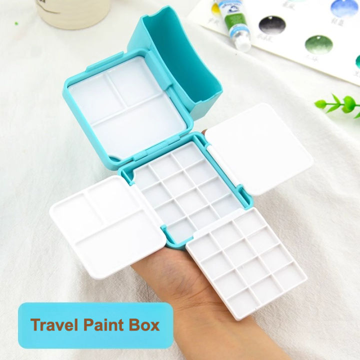 Portable Mini Watercolor Palette Box 24 Grids with Brush Washing Bucket ...