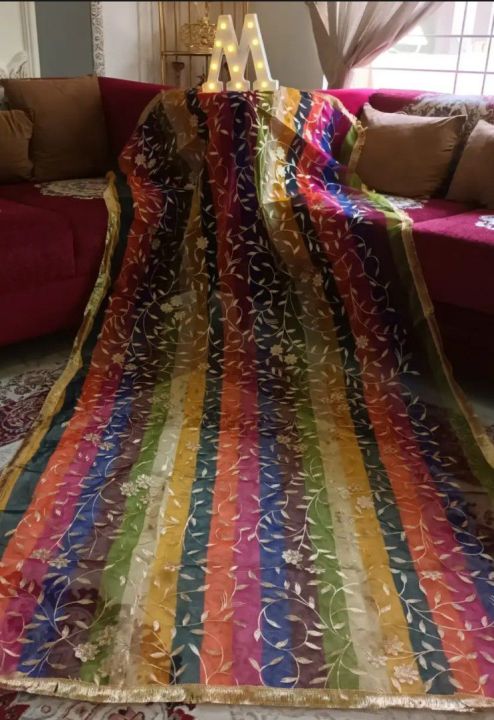 Net Embroidered Multi Coloured Dupatta With 4 Side Kiran lase For Girl ...