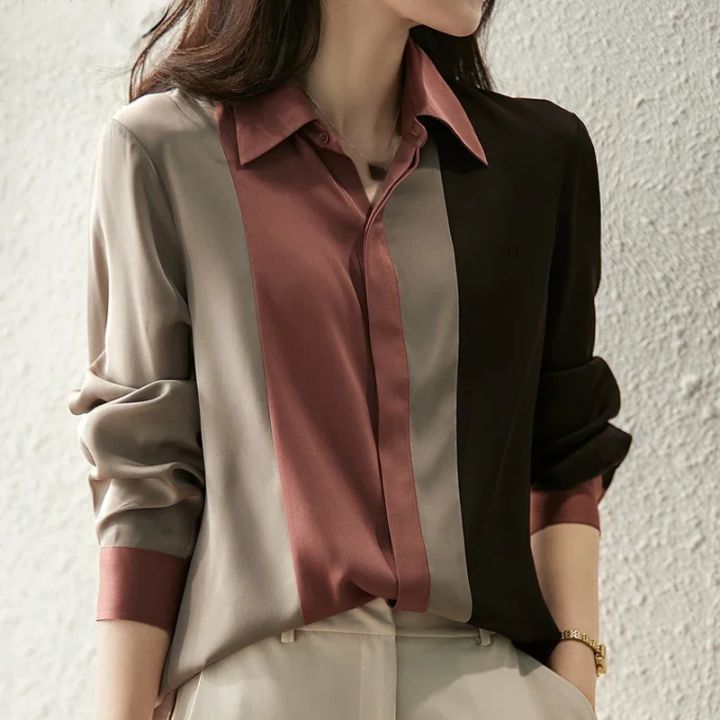 New Spring Work Shirt Women Loose Button Up Woman Clothing Satin ...