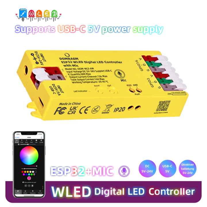 Domraem DIY ESP32 WLED Digital Music Controller USB-C for WS2812B/14/15 ...