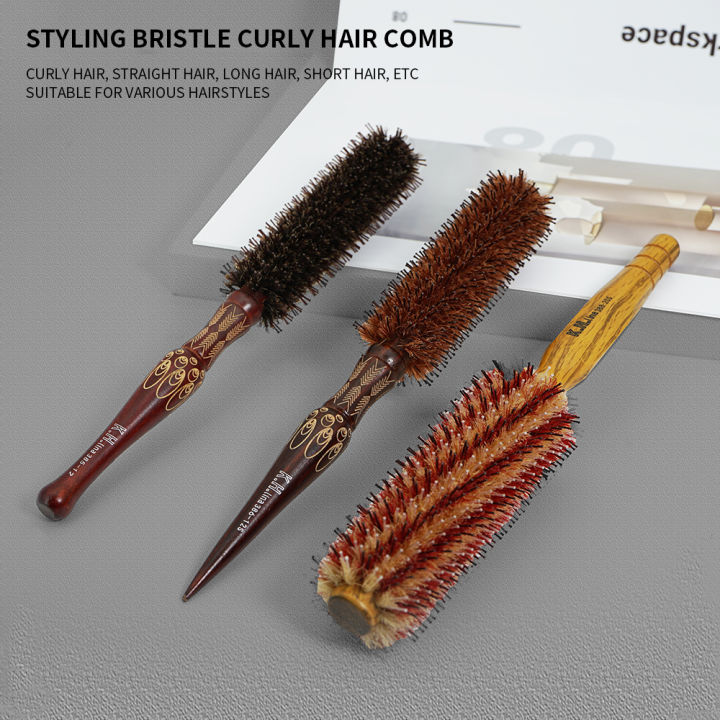Natural Wooden Bristle Hair Round Brush Hair Roller Brush Hairdressing ...