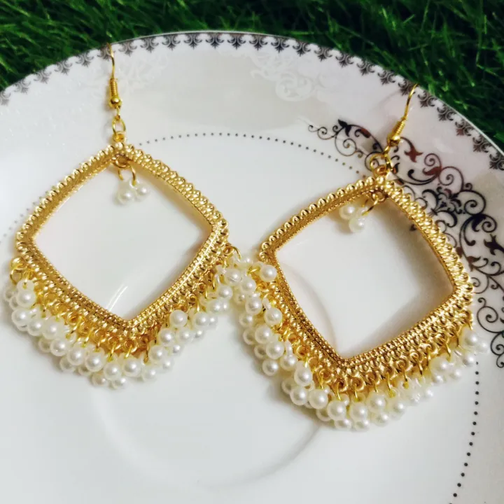 Diamond shape jhumka earrings base with White beads for resin Jhumka ...