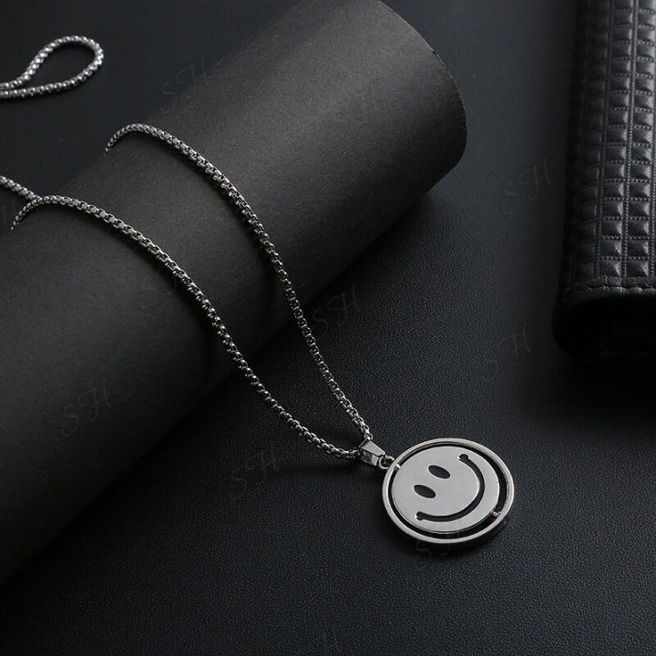 Stainless steel smile face necklace rotating pendant fashion jewelry ...