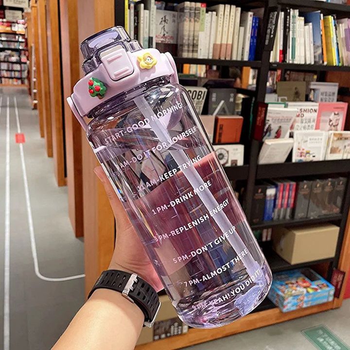 Sports Straw Water Bottle 2 Liter with Stickers Portable Large Capacity Fitness Bike Cup Summer ...