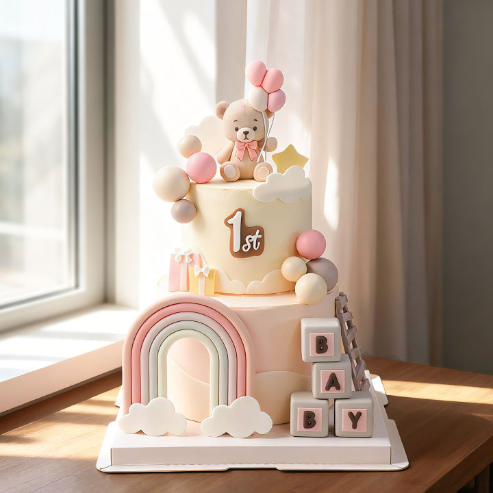 Cartoon Balloon Bear Cake Decor Pink Bow Baby Theme Cake Topper for ...