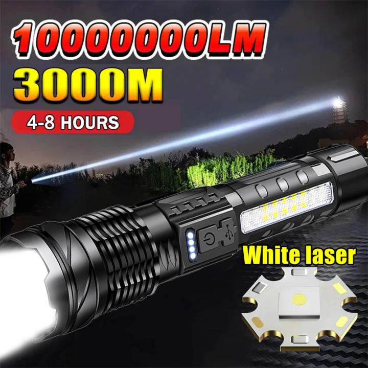 High Power White Laser LED Flashlight Built-in Battery USB Rechargeable ...