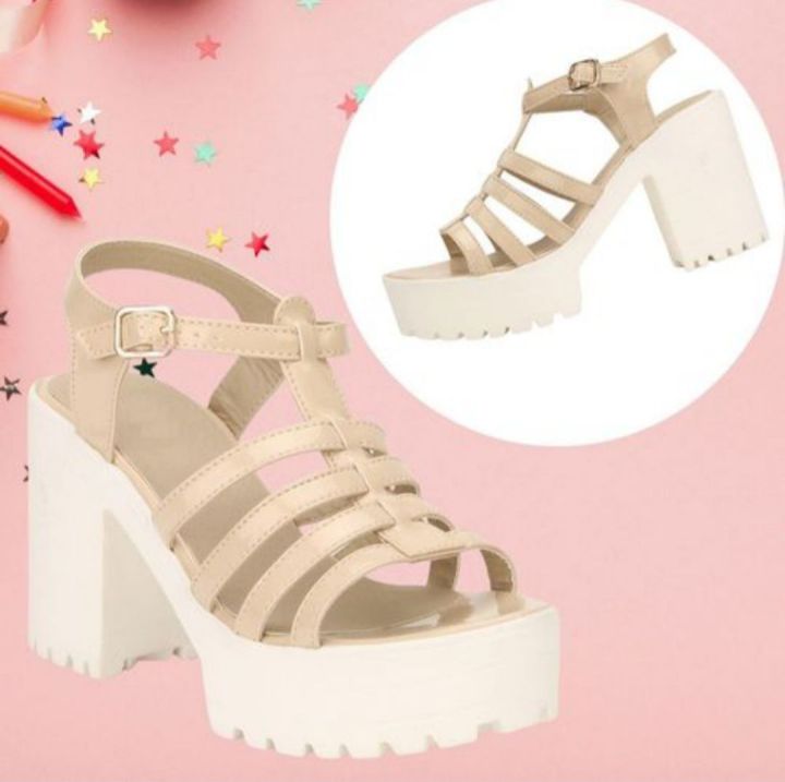 Women Fancy Block Heel Cream Sandal Color For Girls | Daraz.com.np
