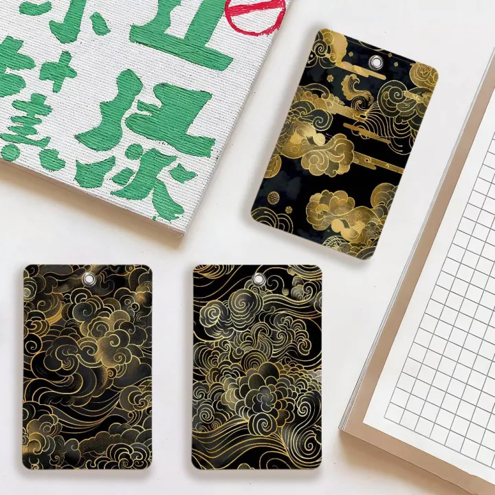 Chinese Style Black Gold Auspicious Clouds Card Holder Neck Lanyard For ...