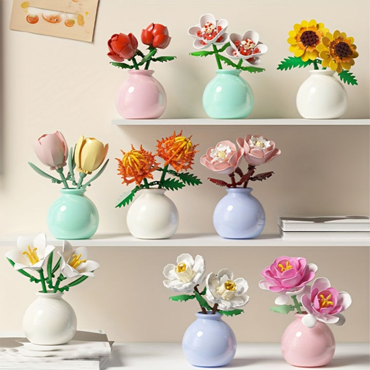 9 diy mini building block flower models, desktop ornaments, DIY ...
