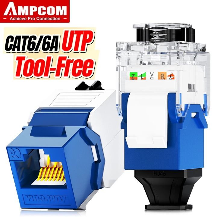 AMPCOM Network RJ45 Keystone Jack CAT6A CAT6 Zip-Tie Free Ratchet Lock & Tool-Free UTP Modular ...