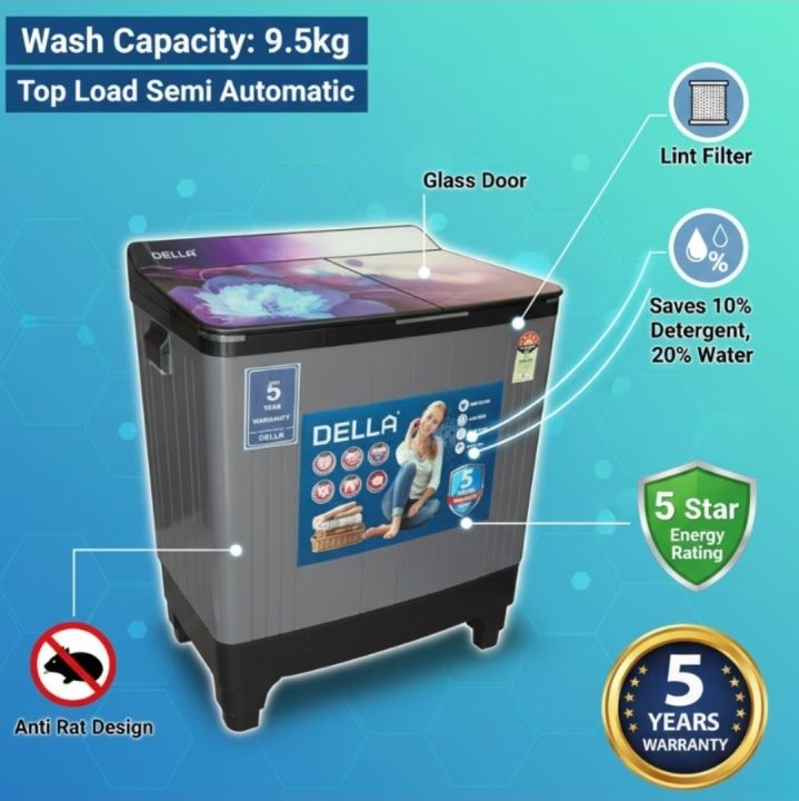 Della 9.5Kg Semi Automatic Top Load Washing Machine with Glass Door ...