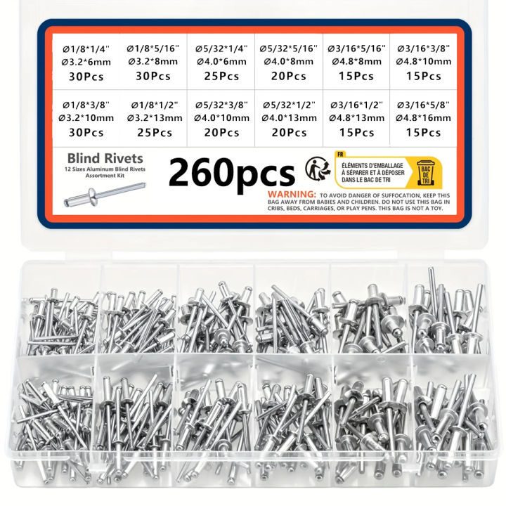 Pop Rivets Assortment Kit 12 or 5 Sizes Aluminum Blind Rivets Assorted ...