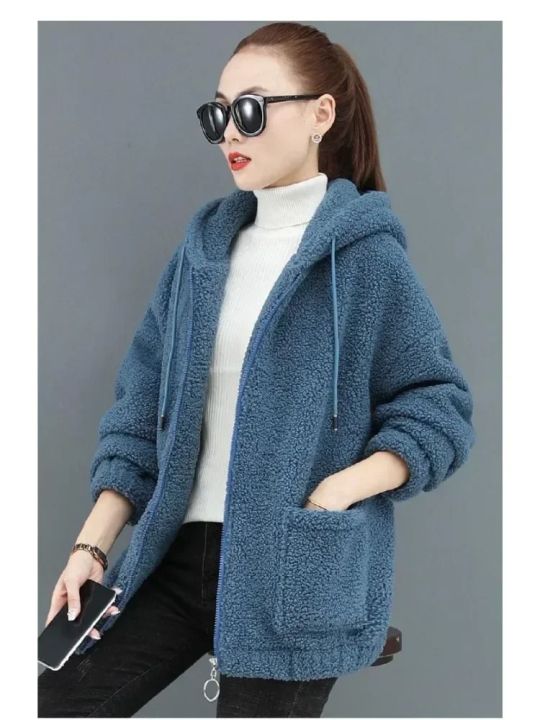 Coat Solid Lamb Fleece Overcoat Women's Hoodie Thick Cardigan Autumn ...