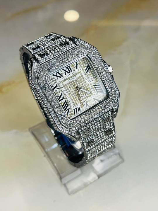 FizzleFizz - Silver Square Dial Iced-Out Unisex Couple Watch | Daraz.pk