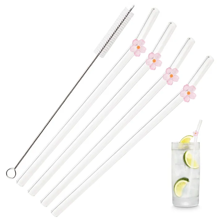 5Pcs 8mm Glass Straw Reusable Drinking Straws Cute Flower Heat ...