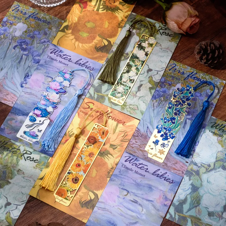4 Pieces Metal Bookmarks with Tassel, Golden Hollow Bookmark Van Gogh ...