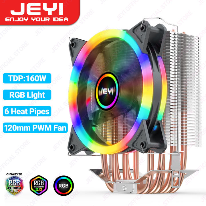 JEYI RGB CPU Cooler 4/6 Heat Pipes Air Tower Radiator PC 12cm PWM Fan ...