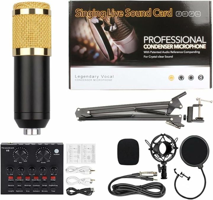 Condenser Microphone with Boom Arm Stand + Sound Card | Daraz.lk