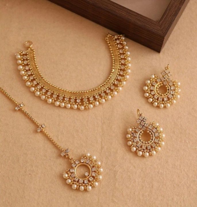 Pearl jewellery set with necklace , Earings , Bindia/ teeka for Girls ...