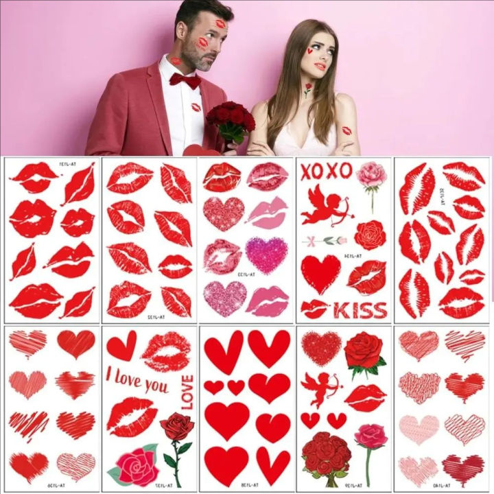 10PCS Valentine's Day Temporary Tattoo Stickers Red Love Rose Lips Kiss ...