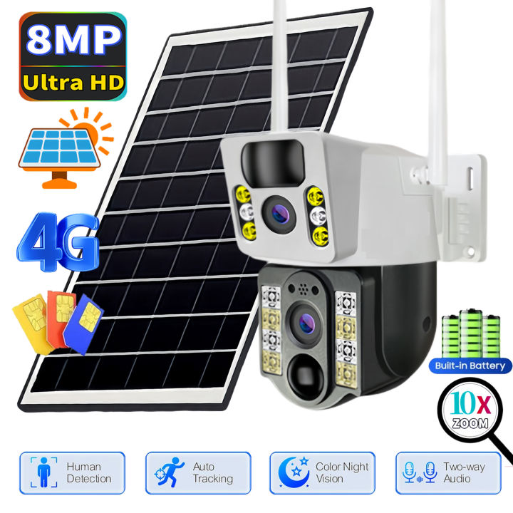 4K Solar Camera 4G SIM Card Dual Lens 8MP HD Night Vision IP CCTV ...