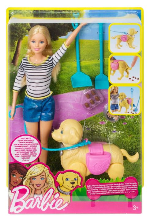 Barbie Walk & Potty Pup Set With Doll & Tail-Activated Pooping Puppy ...