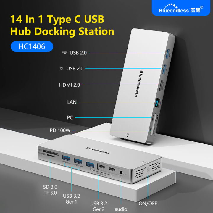 Blueendless 14 In 1 Type C Hub Docking Station 4K 60Hz HDTV Lan RJ45 ...