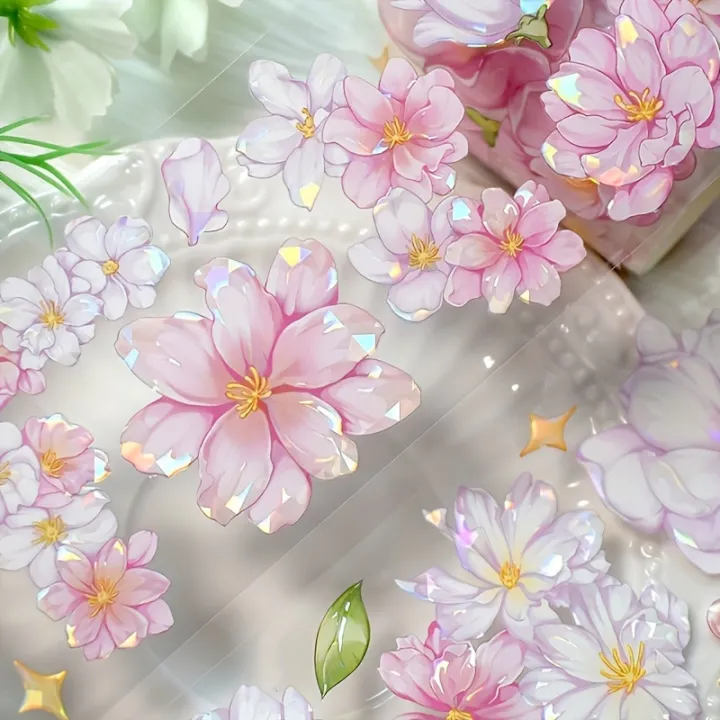 2M Pink Flower PET Decorative Stickers Vintage Rose Transparent Washi ...