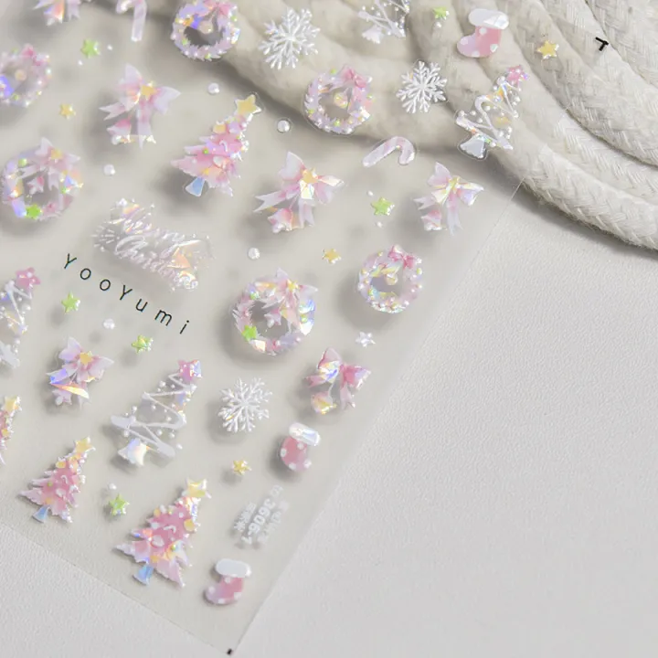 PinkSnowflake Christmas Tree Nail Art Stickers Cute Snowflake Stars ...