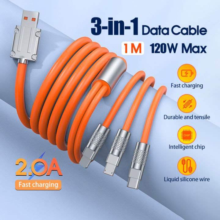 120W Super Fast Charge Liquid Silicone 3 IN 1 Cable Charger Data Line ...