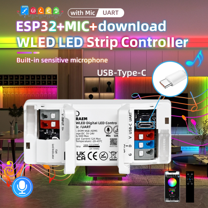 DOMRAEM ESP32 WLED Digital LED Controller-Music Sync, UART, 800 ICs WS2811/12B/15, Works with ...
