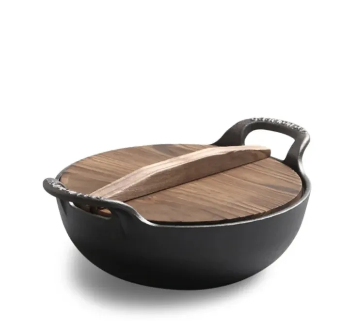 New Pure Cast Iron Kadai With Wooden Lid 10 Inches Medium | Daraz.com.np