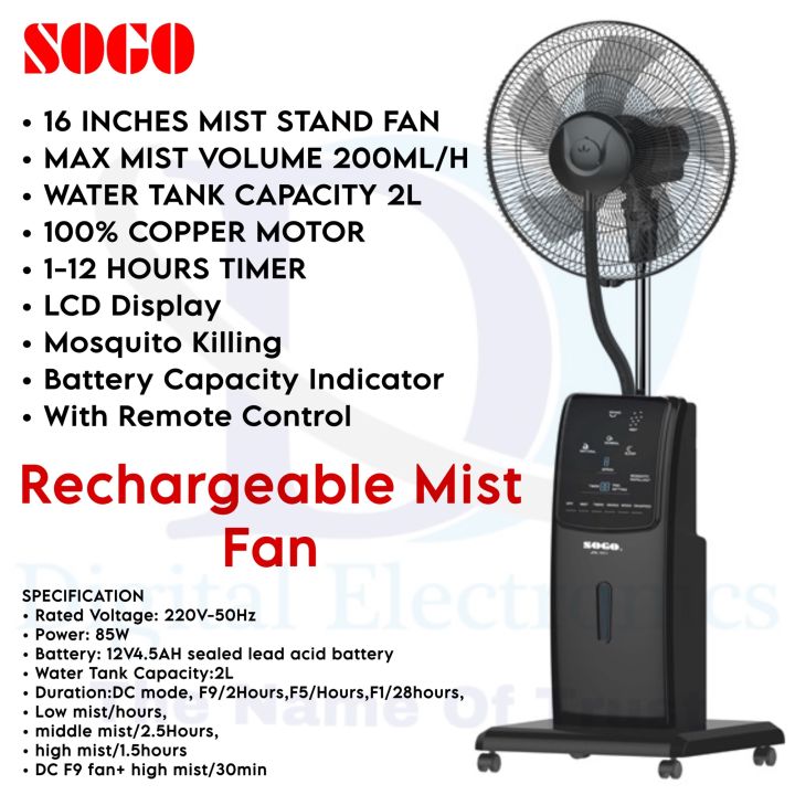 Sogo Rechargeable Mist FAN - 16 Inches Blade Diameter & 45 inches ...