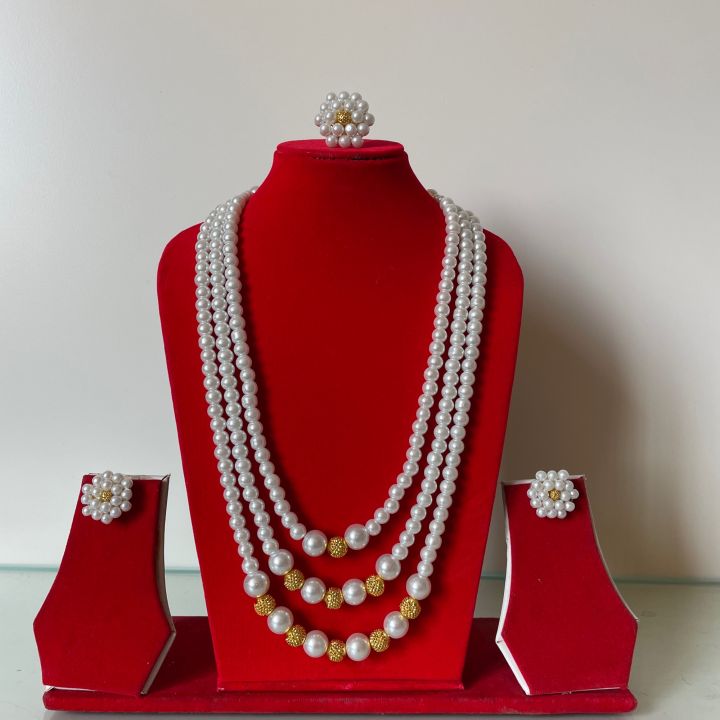 Three layers Moti Mala Set For Women with Top And Ring | Daraz.com.np