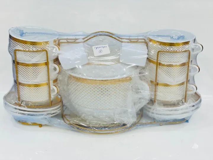Modern Luxury ceramic body soup set with saucers and spoons plus metal ...