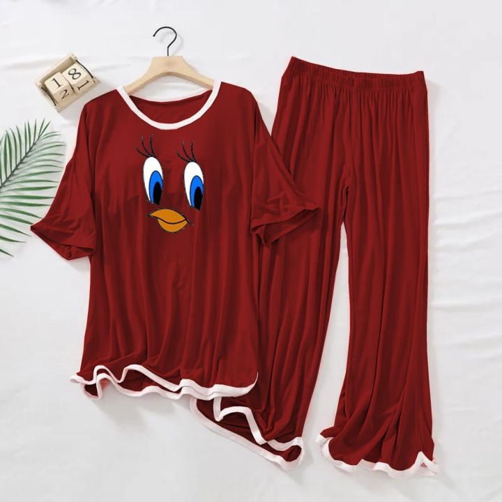 Maroon With White Border Daffy Duck Printed Flapper Style Night Dress ...