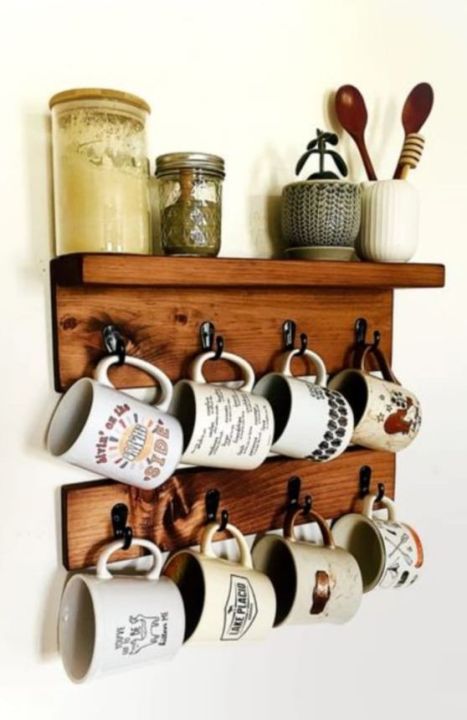 Wooden Wall Mount Cup Rack Kitchen Bar 8 Mug Hooks Mug & Cup Holder for ...