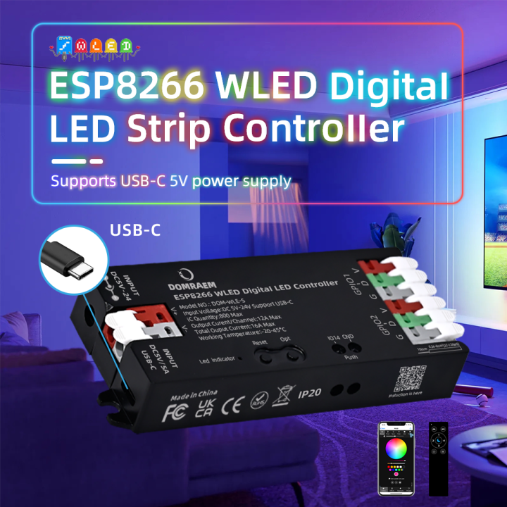 DOMRAEM DIY ESP8266 WLED Digital LED Strip Controller USB-C5V/DC5-24V ...