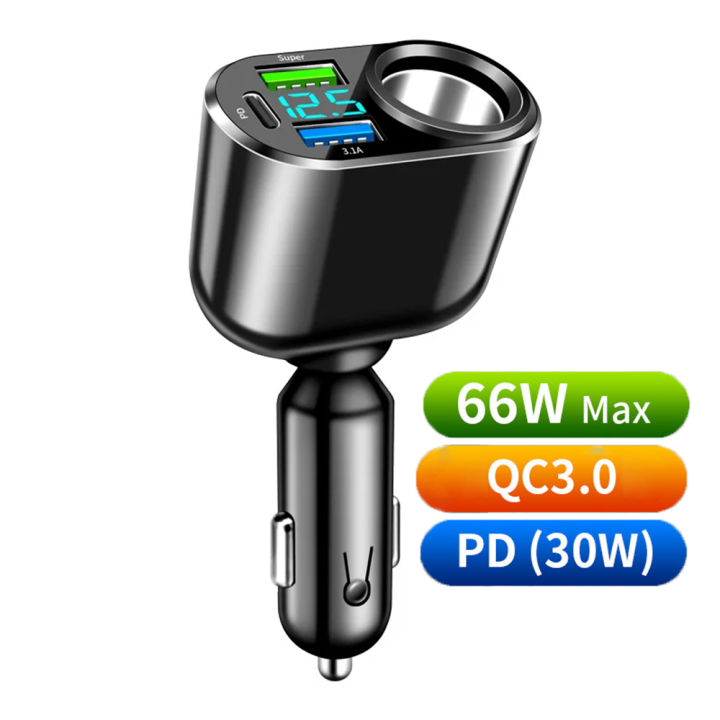 66W Car Cigarette Lighter Socket USB Car Charger QC3.0 PD3.0 Splitter ...