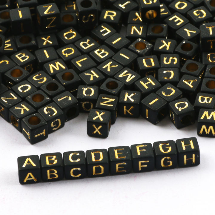 100pcs 6mm Black Gold Color Square Letter Beads Random Mixed Alphabet ...