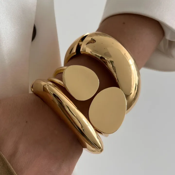 Ingemark Exaggerated Punk Smooth Heavy Metal Chunky Spring Bangles Women Hip Hop Gold Color Arm ...