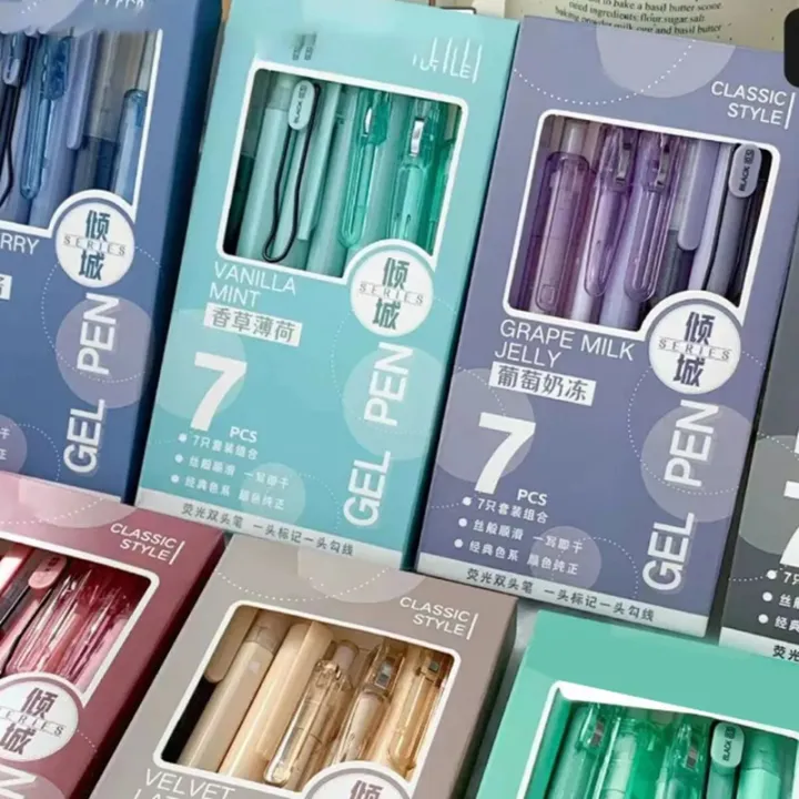 7Pcs/set Press Gel Pens Sets Colorful Highlighter Markers Cute School ...