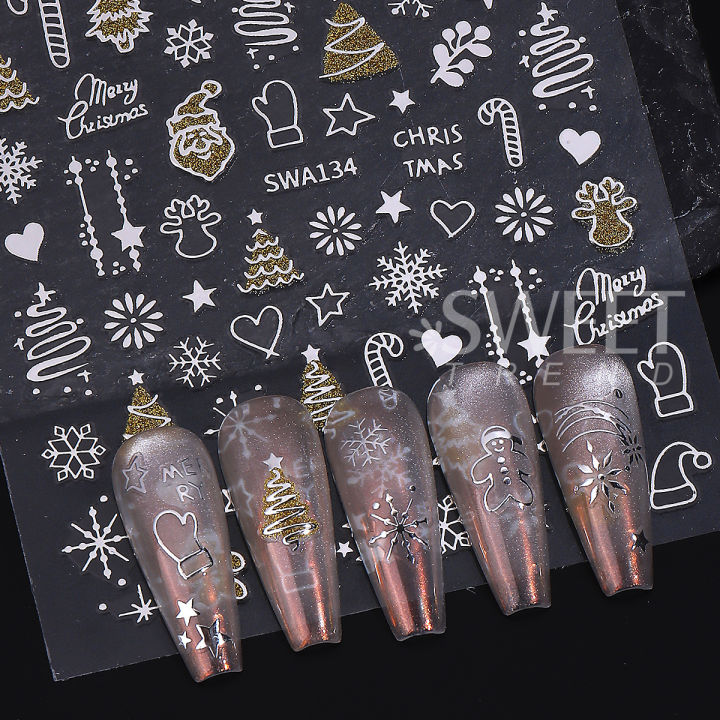 2pcs Gold Silver Christmas 3D Nail Stickers Reflective Glitter Xmas ...