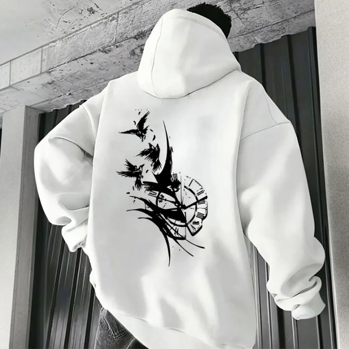 Retro Clock Raven Print Hoodie Autumn Winter Daily Casual Sport Hooded ...