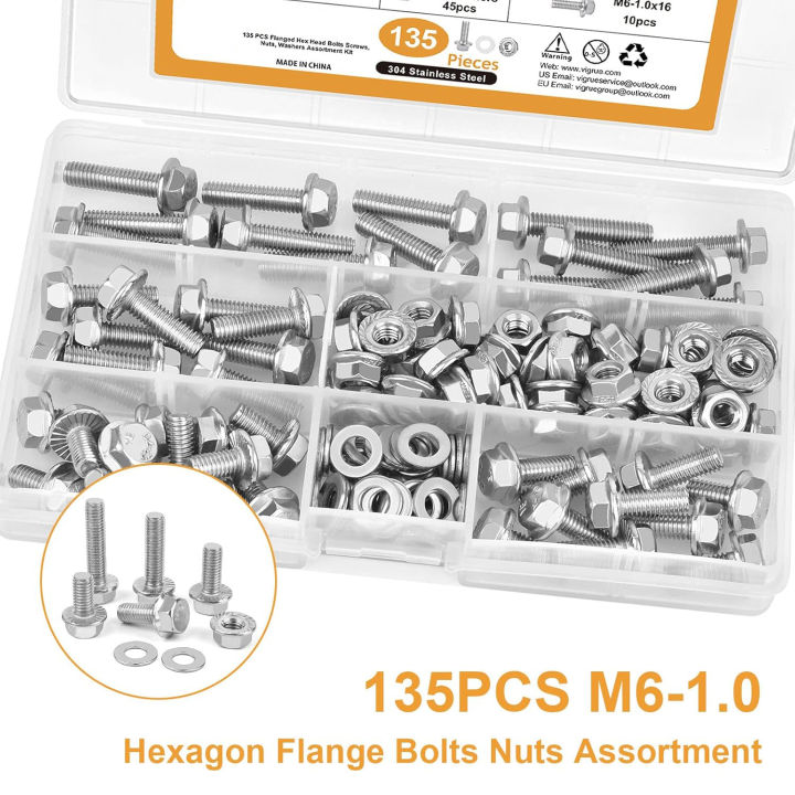 135 PCS M6-1.0 x 12/16/20/25/30mm Flanged Hexagonal Screw, Toothed ...