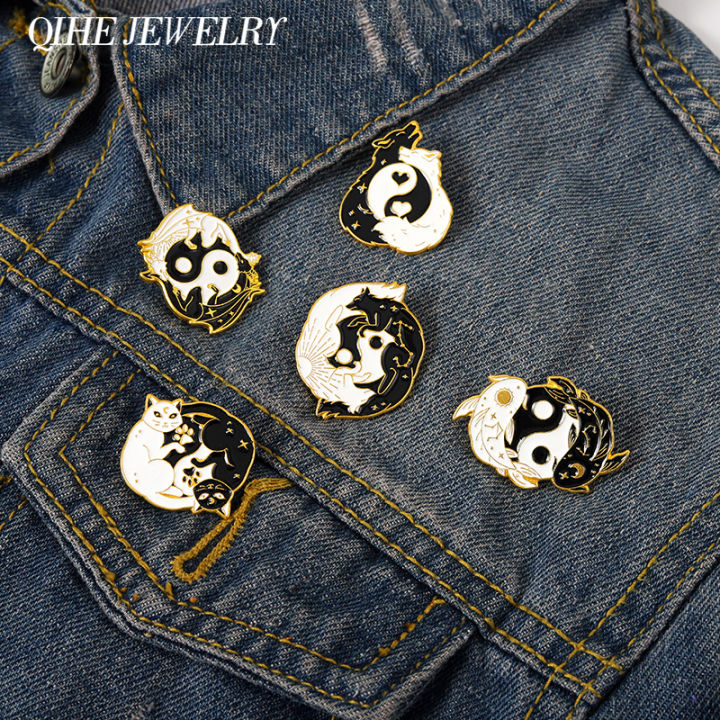 Black White Yin Yang Enamel Pins Lucky Koi Punk Goth Brooch Badges Jewelry Metal Backpack Lapel ...