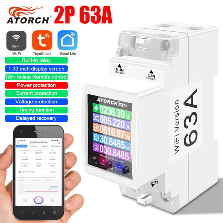 Atorch 2p 63a Tuya Wifi Smart Switch Circuit Breaker Energy Meter Kwh Power Metering Timer Relay