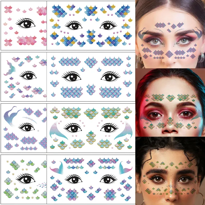 8Sheets Mermaid Scales Face Glitter Temporary Tattoo Stickers Sparkly ...