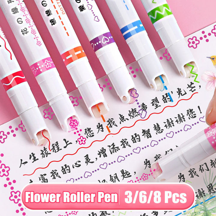 3/6/8pcs Flowers Line Shaped Highlighter Pens Roller Tip Curve Liner ...
