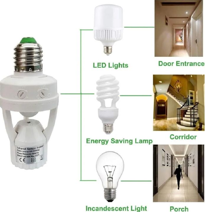 360° PIR Motion Sensor Bulb Holder | Infrared LED Light Socket with ...